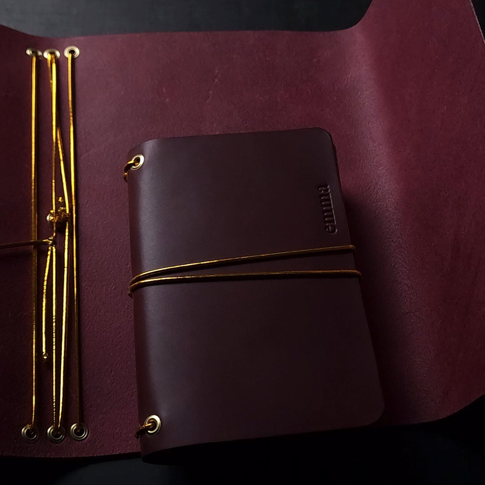 Trifold Leather Journal Cover with Gold Elastics – Forest Nine